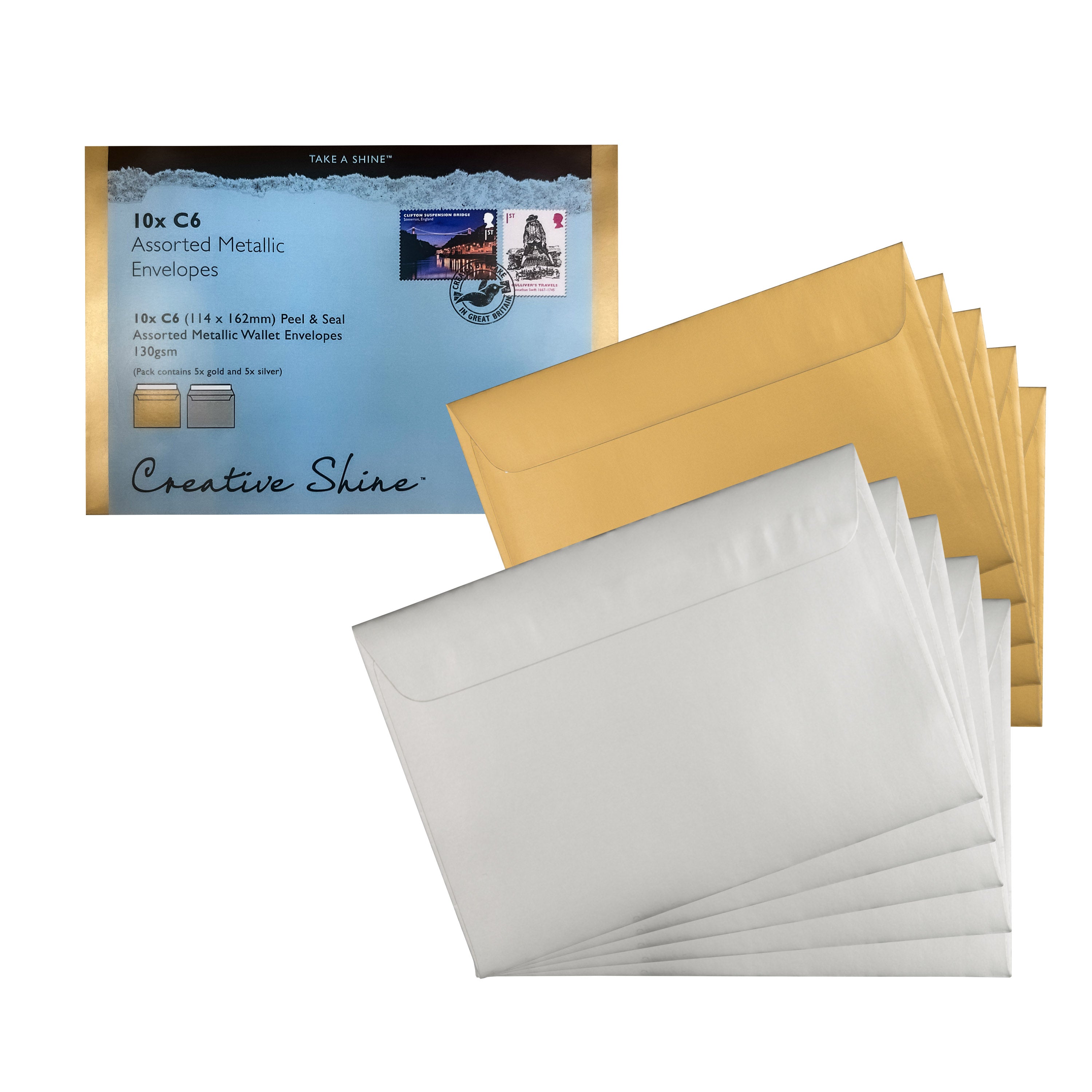 C6 Metallic Silver & Gold Peel & Seal Envelopes (Qty 10) 114mm x 162mm ...